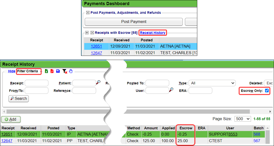 Find Receipts with Escrow